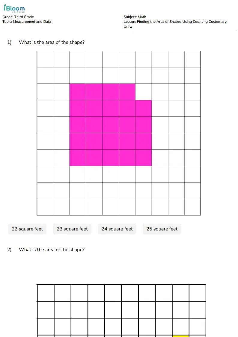Area by Counting Squares Grade 3 | iBloom
