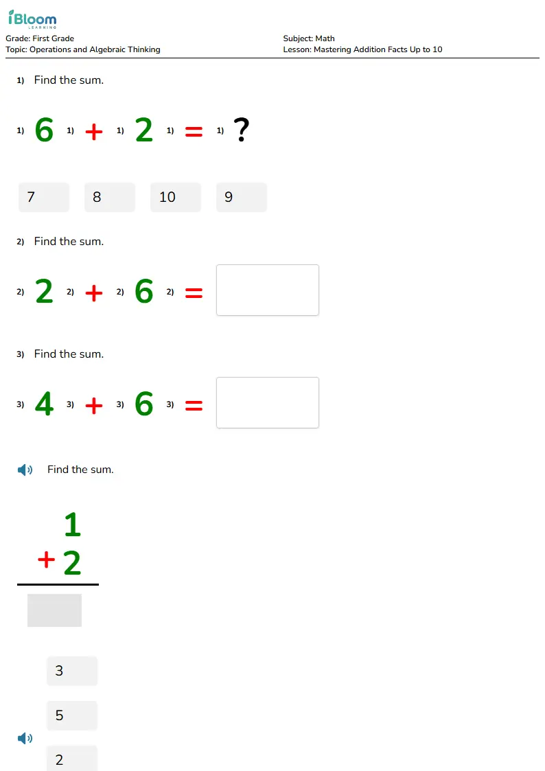 Ten Frame Addition Worksheets Grade 1 | iBloom