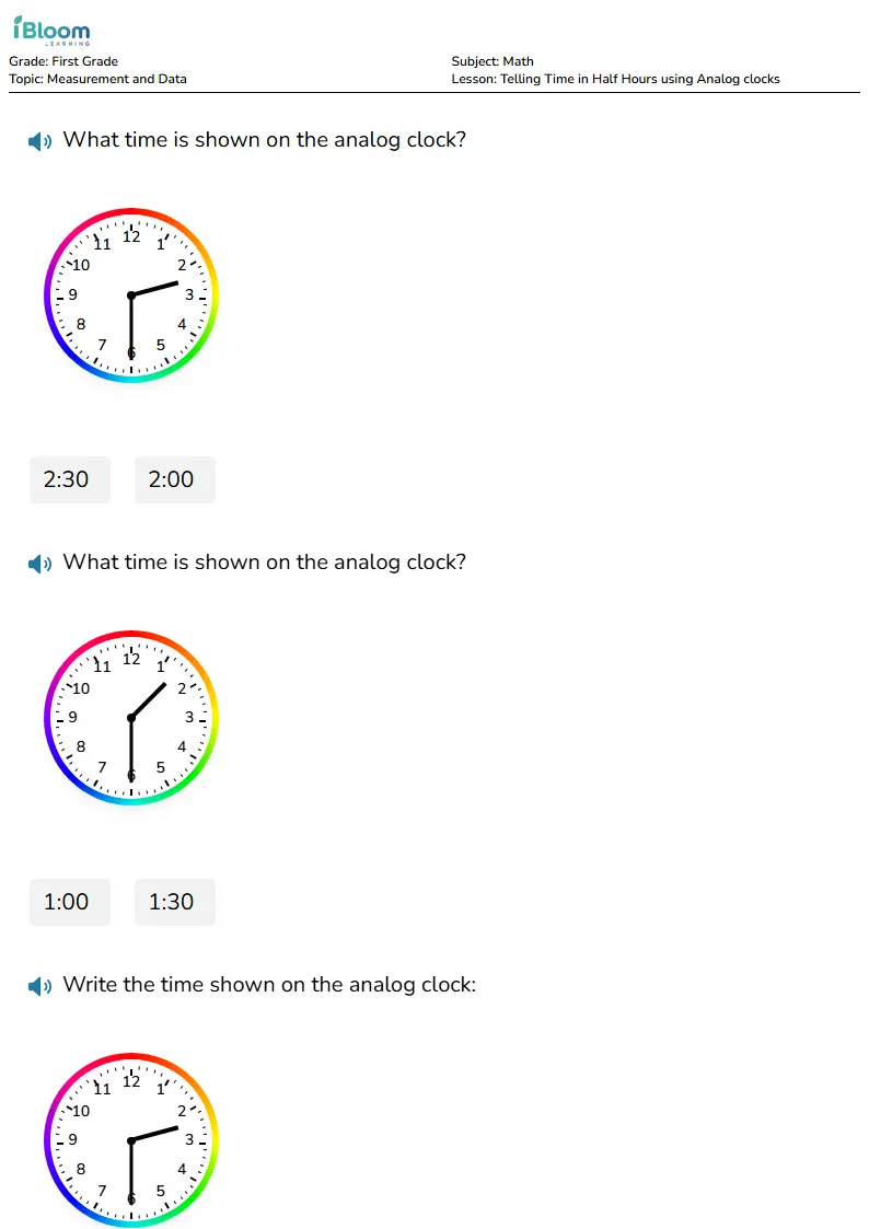 Free Telling Time in Half Hours using Analog clocks Worksheets for ...
