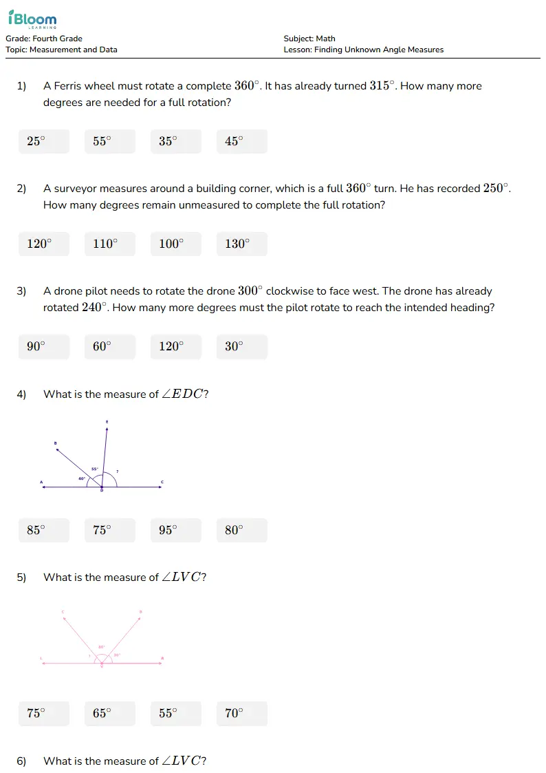 Grade 4 Angle Measurement Worksheets | iBloom