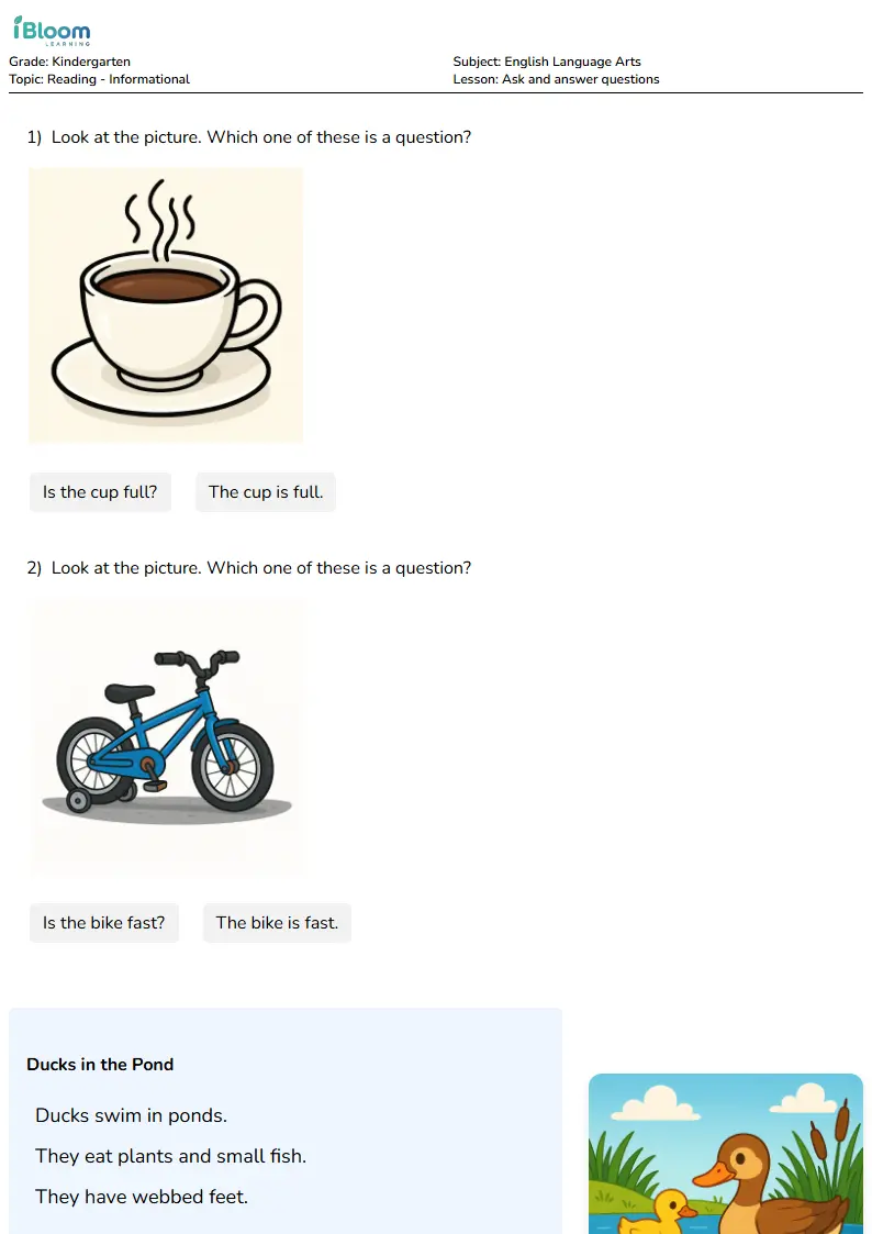 Free Ask and answer questions Worksheets for Kindergarten | iBloom