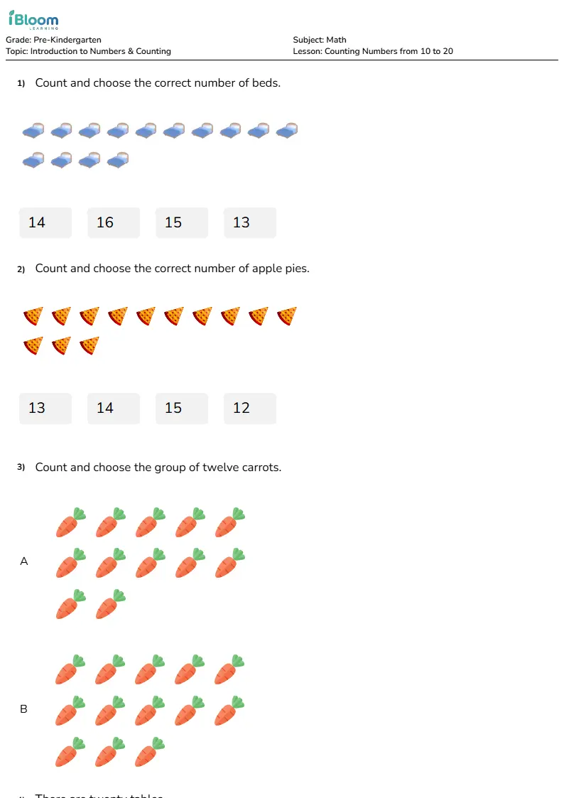 Free Counting Numbers from 10 to 20 Worksheets for Pre Kindergarten ...