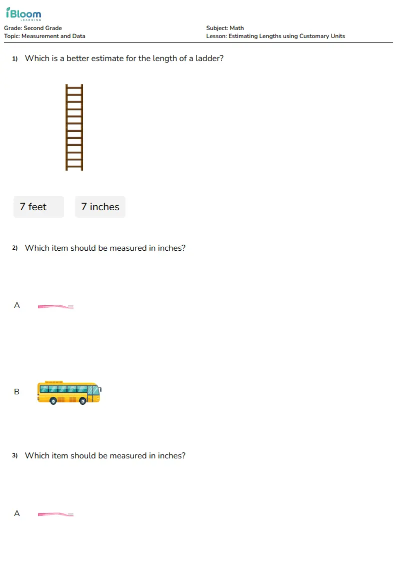 Free Estimating Lengths using Customary Units Worksheets for Second ...