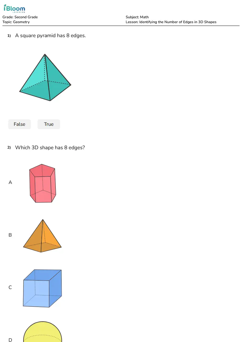 Free Identifying the Number of Edges in 3D Shapes Worksheets for Second ...
