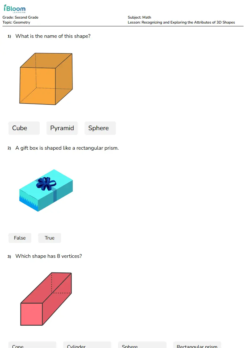 Free Recognizing and Exploring the Attributes of 3D Shapes Worksheets ...