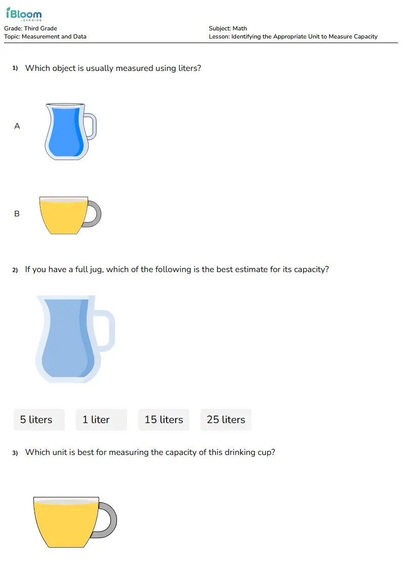 Free Identifying the Appropriate Unit to Measure Capacity Worksheets ...